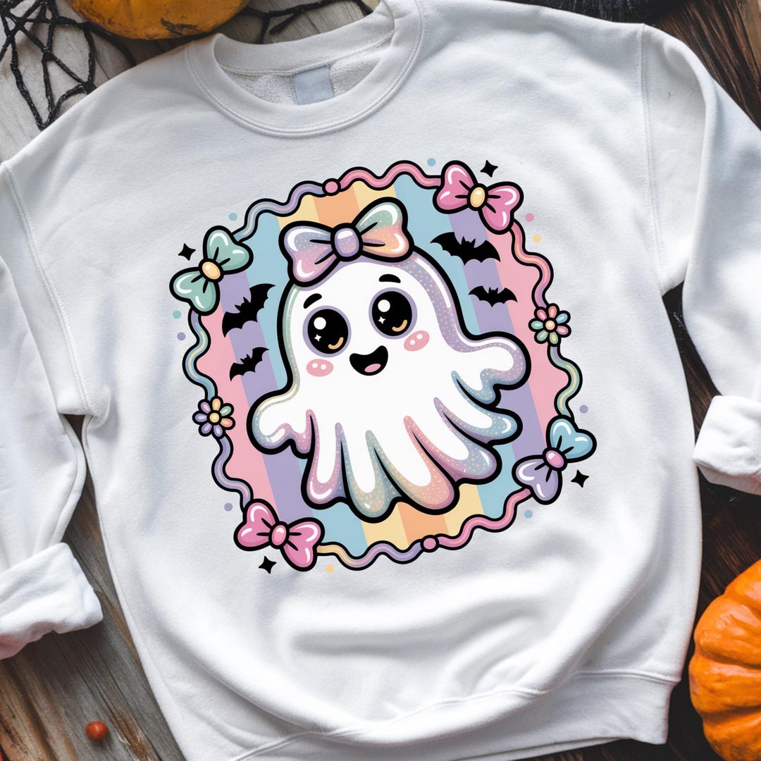 Preppy Pastel Halloween Ghost PNG, Kawaii Boo Ghost Clipart, Cute ...