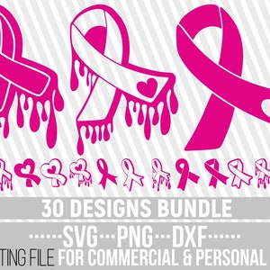 30x Pink Ribbon Dripping Bundle Svg, Breast Cancer, Awareness Ribbon ...