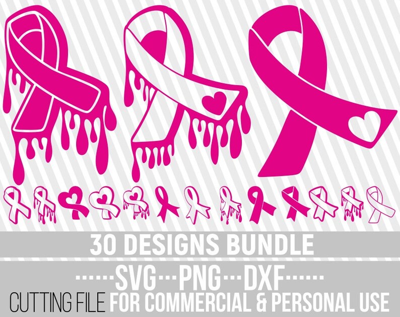 30x Pink Ribbon Dripping Bundle Svg, Breast Cancer, Awareness Ribbon ...