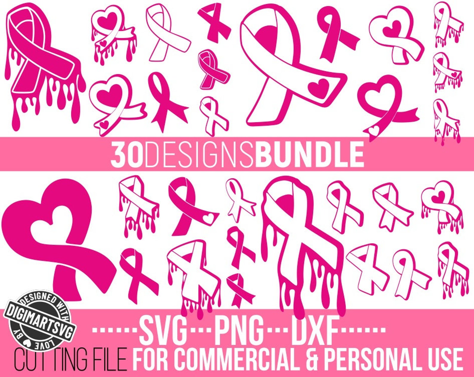 30x Pink Ribbon Dripping Bundle Svg, Breast Cancer, Awareness Ribbon ...