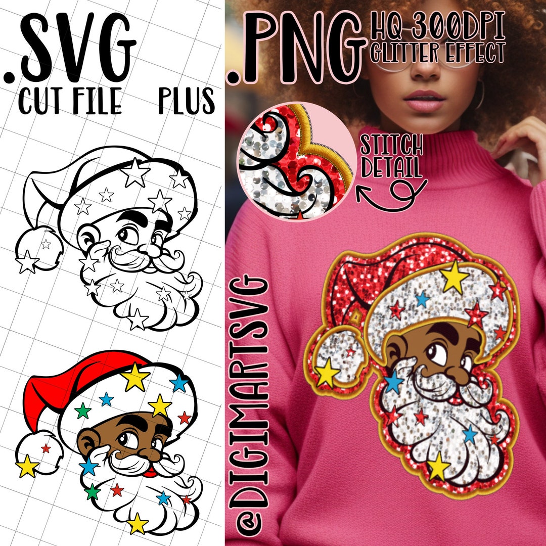 Black Santa Claus Svg, Faux Embroidery Stitch Sequin, Christmas PNG ...