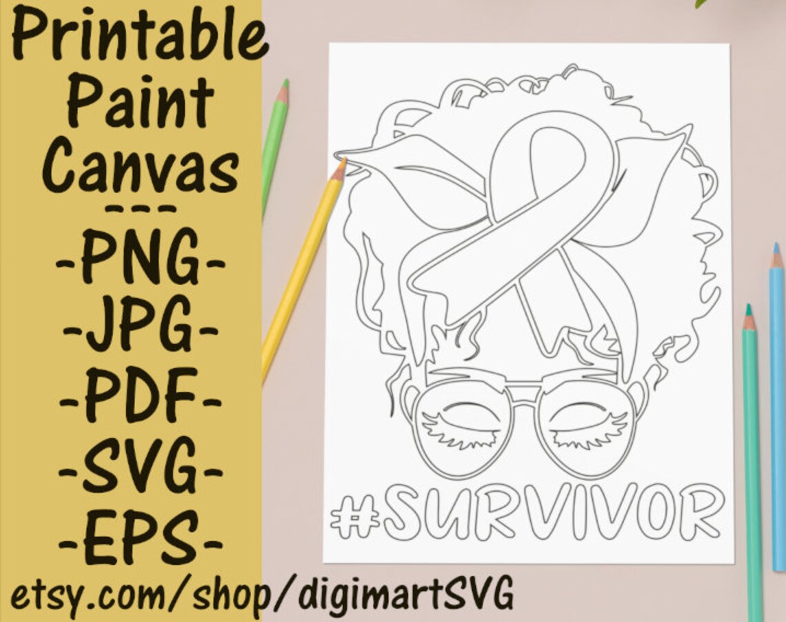Afro Messy Bun Survivor Coloring Pages, Pink Day Png, Breast Cancer SVG ...