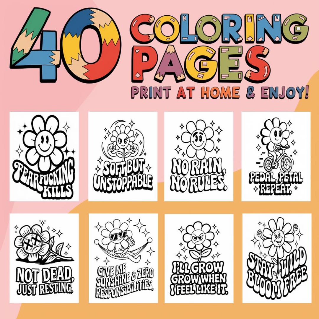 40x Groovy Flower Coloring Pages Bundle PNG, Hippie Coloring, Paint ...