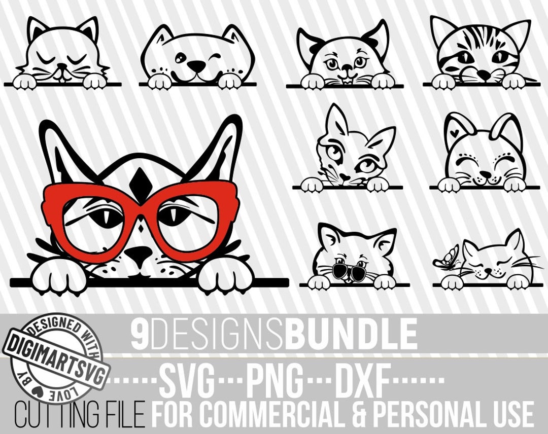 9x Peeking Cat Svg Bundle, Cat With Glasses Svg, Kitten Png, Cartoon ...