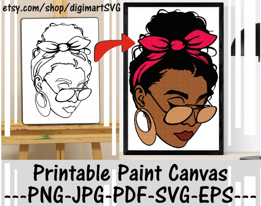 Woman in Messy Bun Pre Drawn Png, DIY Paint Party, Black Woman, Adult ...