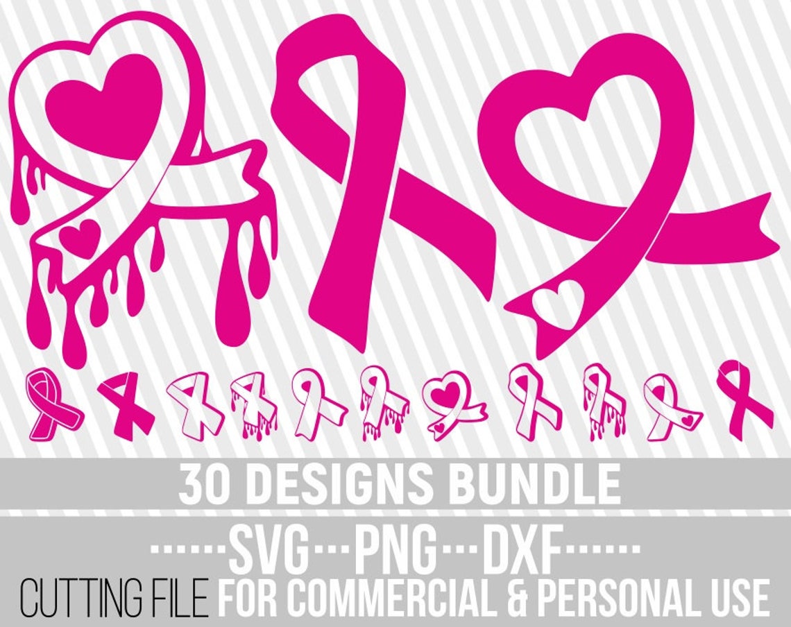 30x Pink Ribbon Dripping Bundle Svg, Breast Cancer, Awareness Ribbon ...