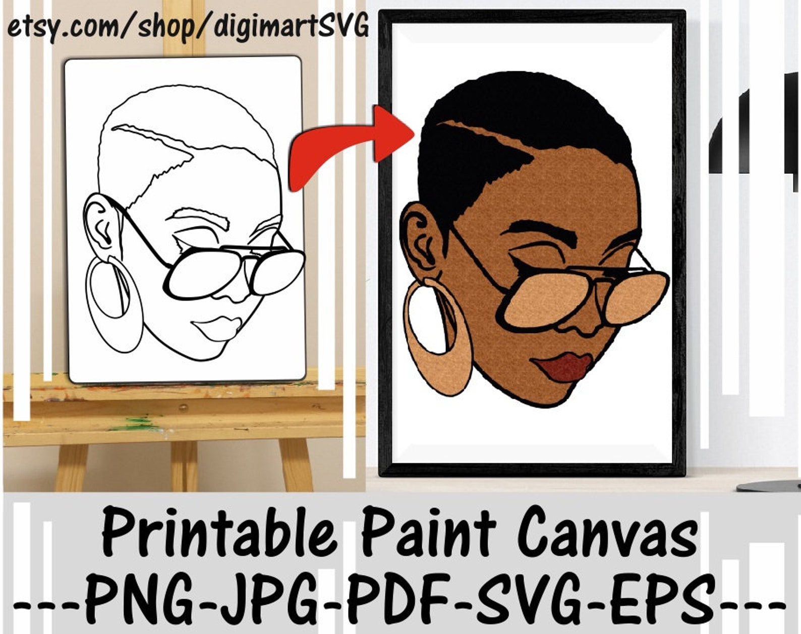 Afro Woman Printable Paint Canvas, Coloring Pages, Paint With A Twist ...