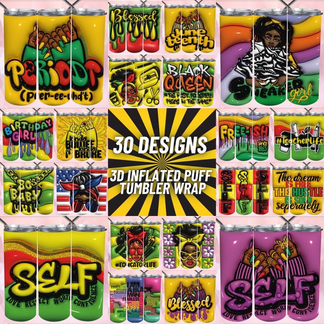 30x Inflated Puff Tumbler Wrap PNG Designs Bundle, Afro Women PNG ...