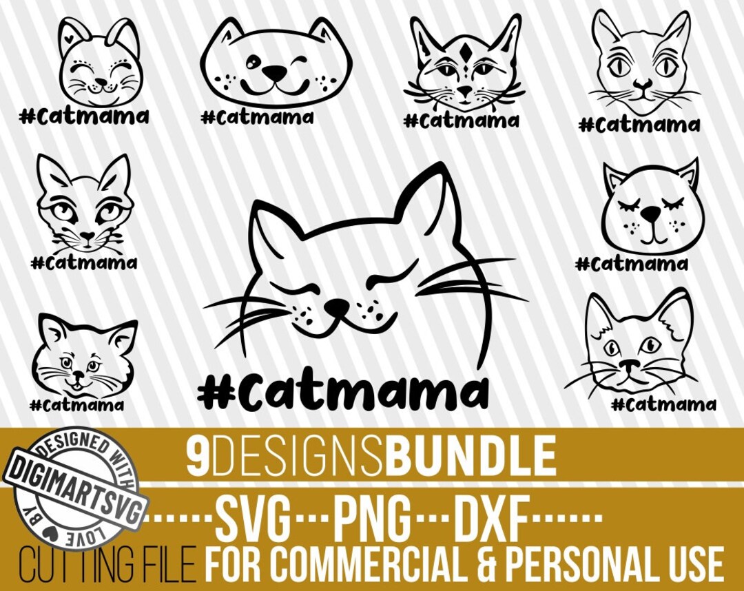 9x Cat Mama Svg Bundle, Cat Lover Svg, Cat Face, Kitten Svg, Cartoon ...