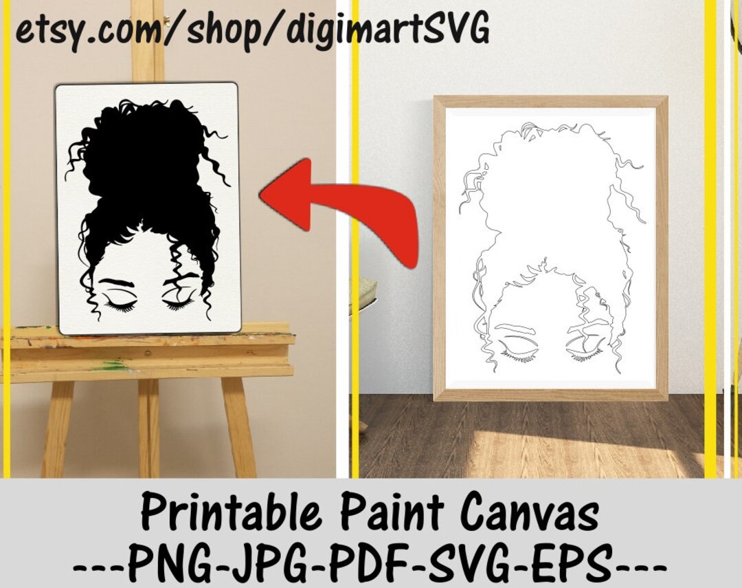 Woman in Messy Bun Printable Paint Canvas, Curly Hair Png, Coloring ...