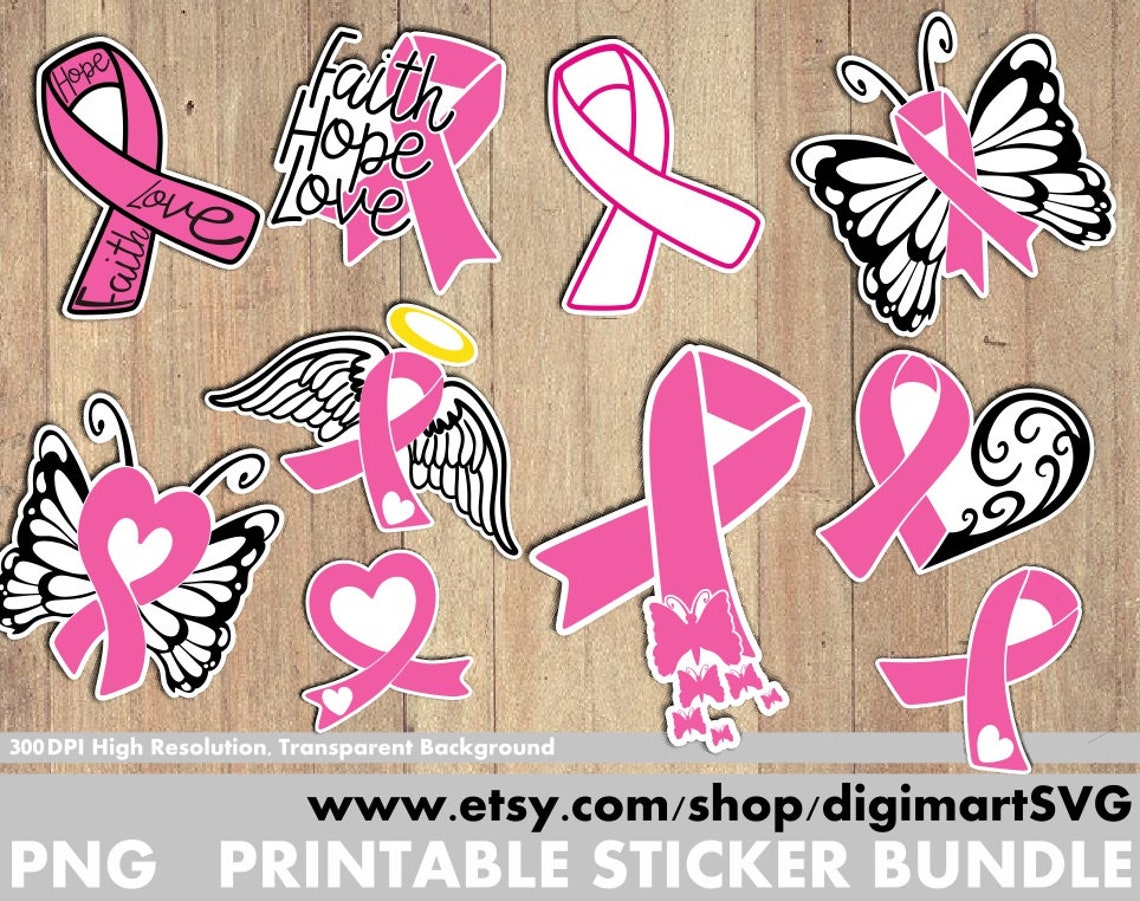 10x Cancer Ribbon Stickers Bundle Png, Fight, Woman Png, Breast Cancer ...