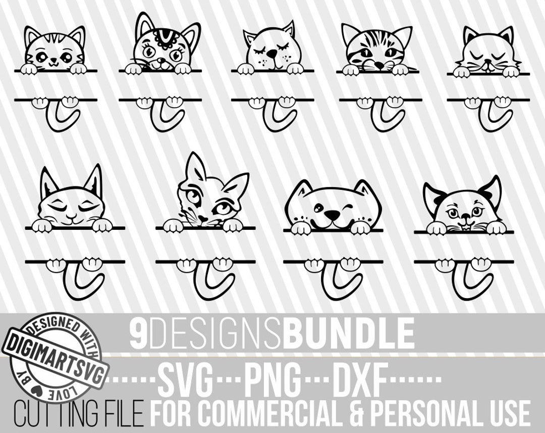 9x Peeking Cat Svg Bundle, Cat Split Monogram Svg, Kitten, Personalised ...