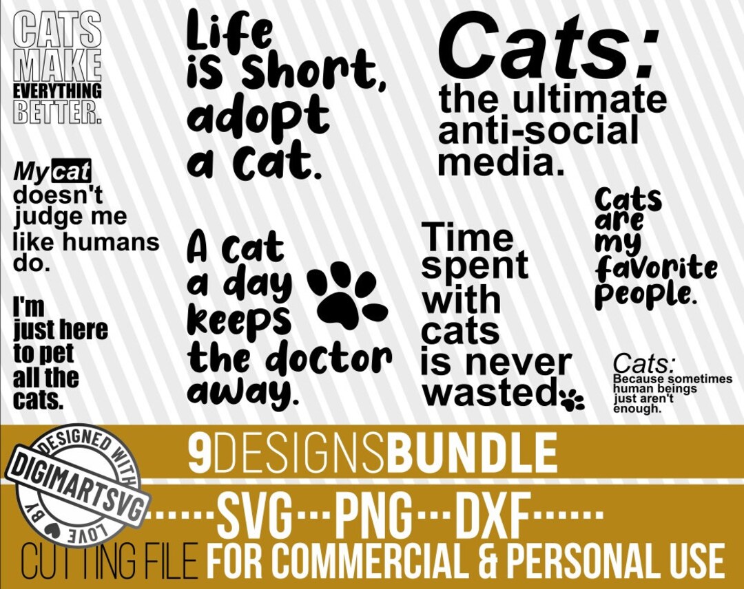 9x Cat Quotes Svg Bundle, Cat Lover Svg, Cat Face, Kitten Svg, Cartoon ...