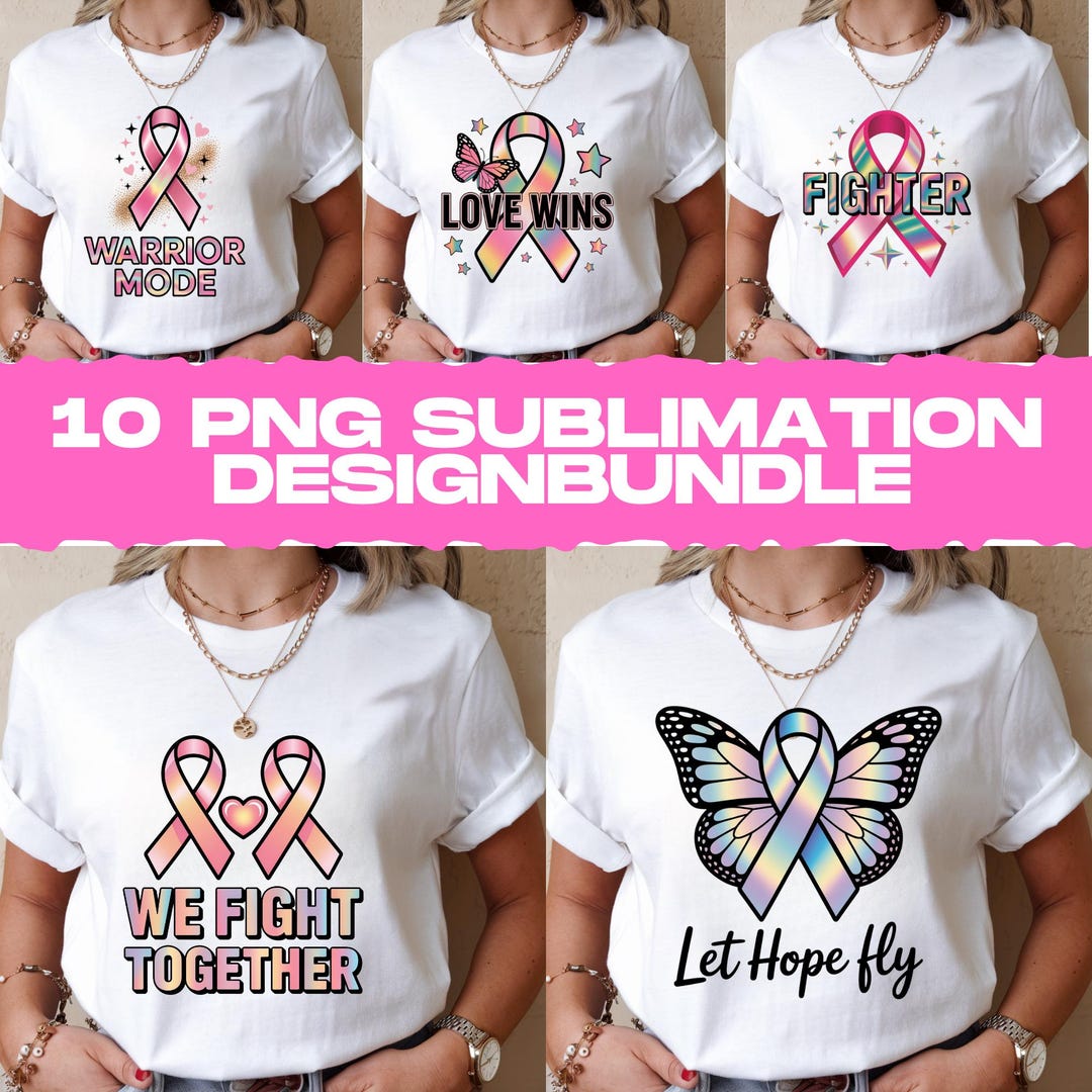 10 Breast Cancer PNG Sublimation Designs – Holographic Pink Ribbon ...