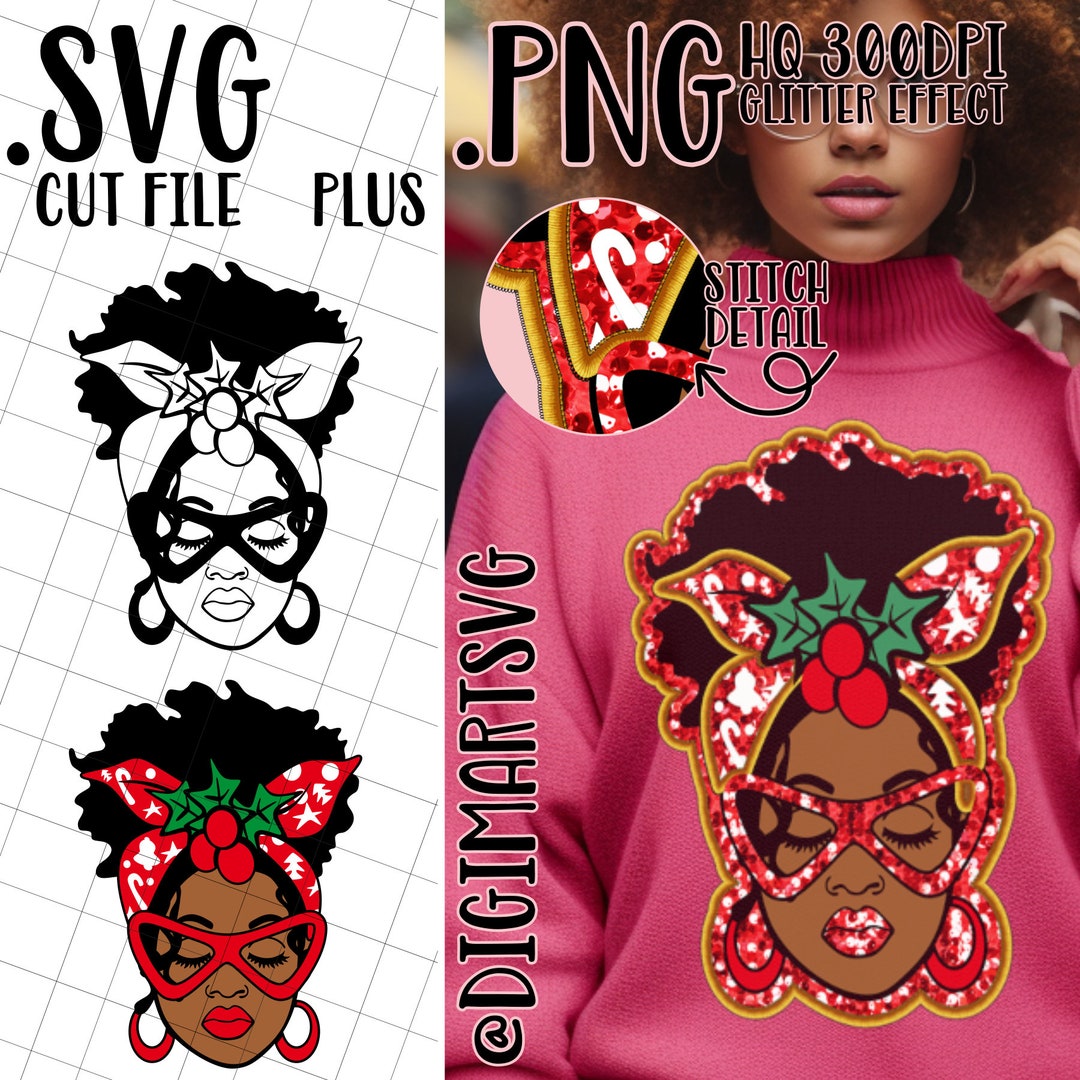 Faux Embroidery Stitch Sequin Afro Messy Bun Svg, Christmas PNG ...