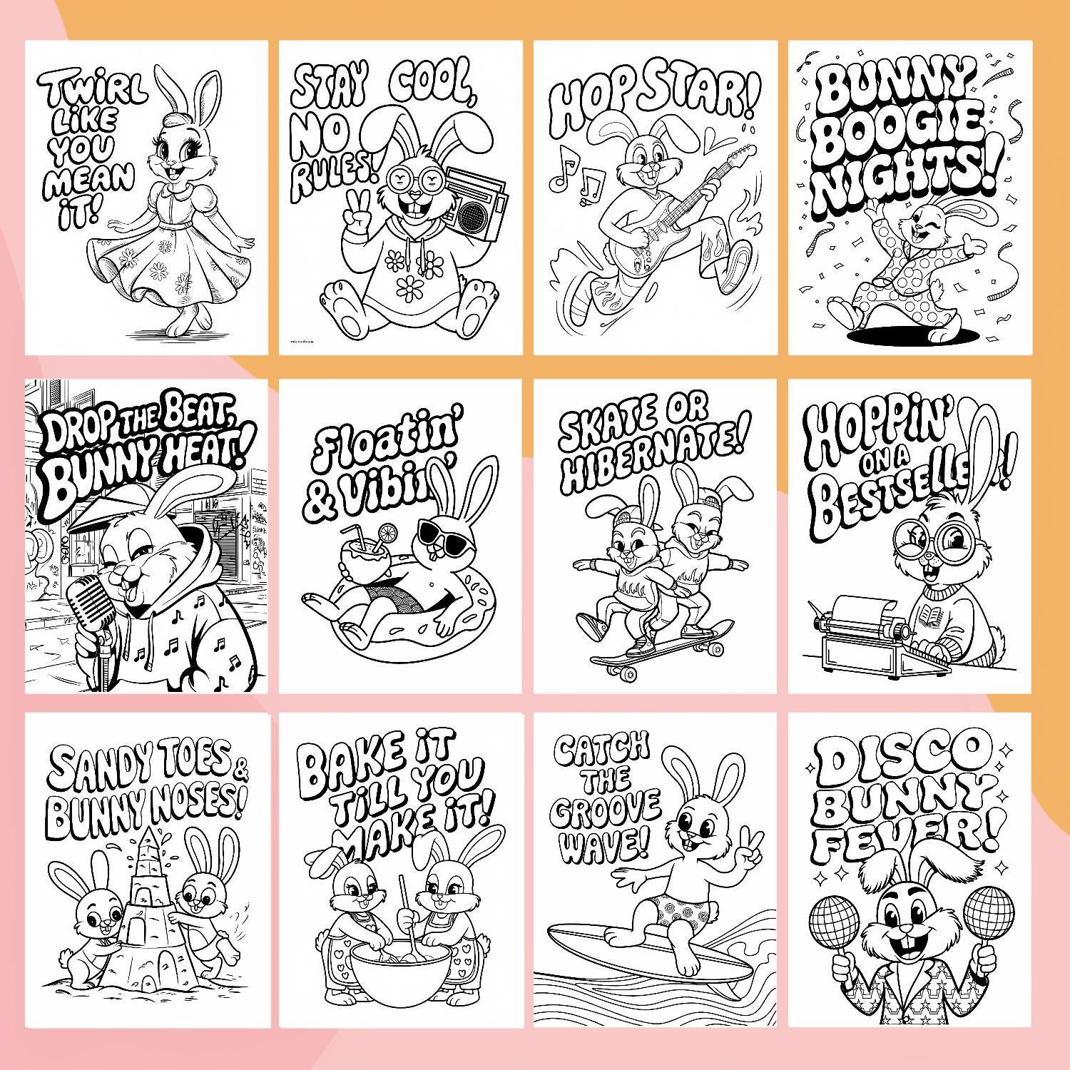 40x Easter Groovy Bunny Coloring Pages Bundle for Kids, Vintage Bunny ...