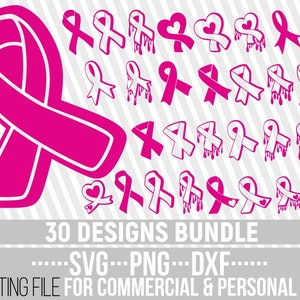 30x Pink Ribbon Dripping Bundle Svg, Breast Cancer, Awareness Ribbon ...