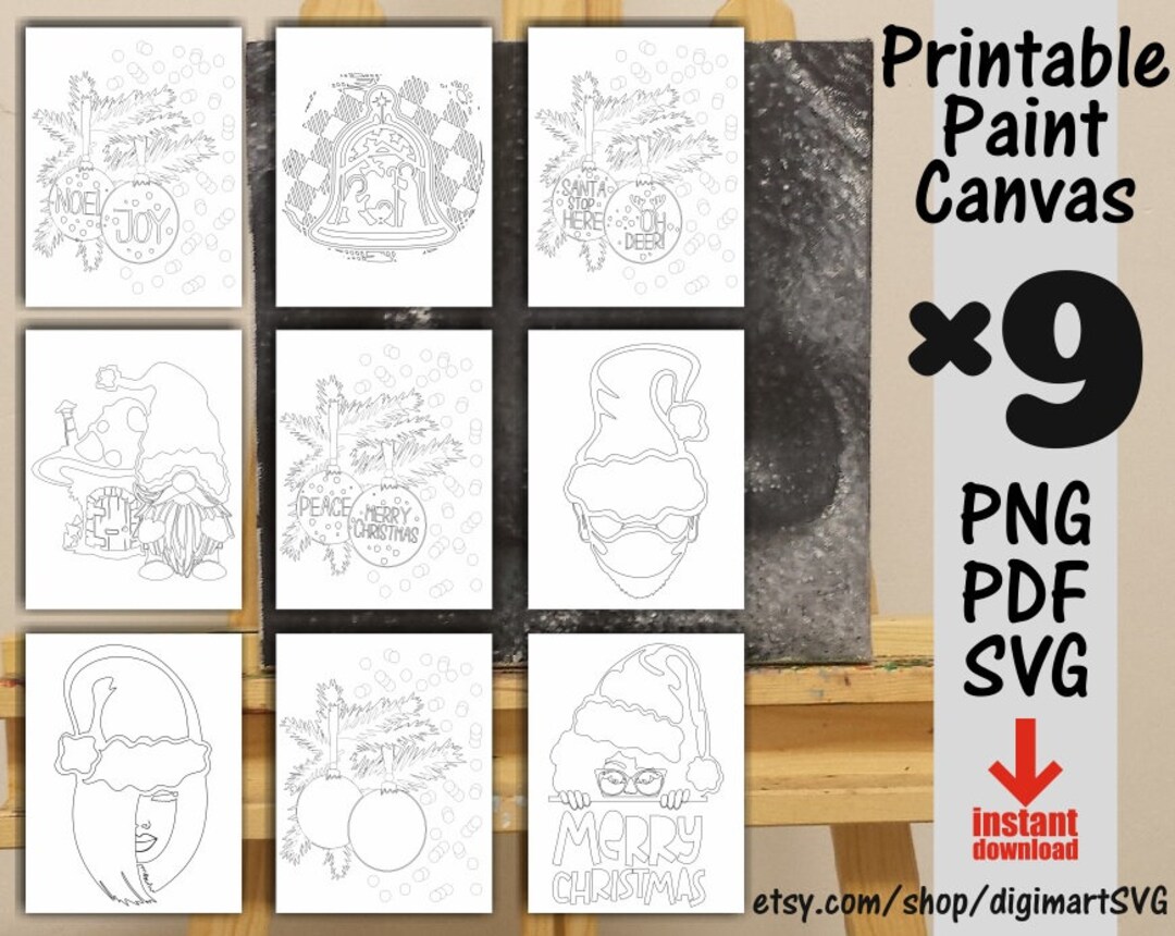 9x Christmas Printable Bundle, Paint Canvas, Santa Claus, Coloring ...