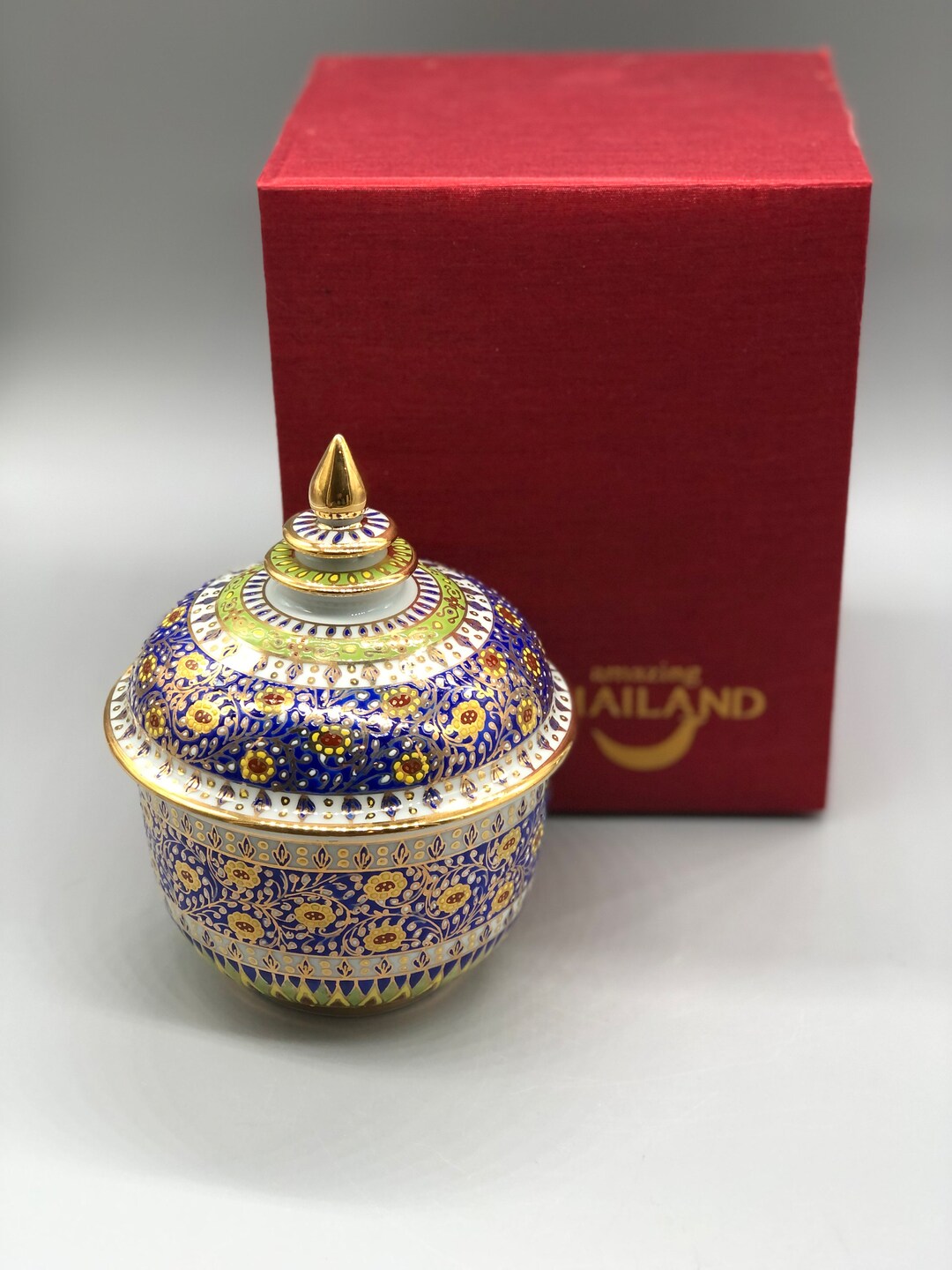 Vintage Narai Phand Thailand Porcelain Covered Jar In Original Velvet Lined Box Etsy