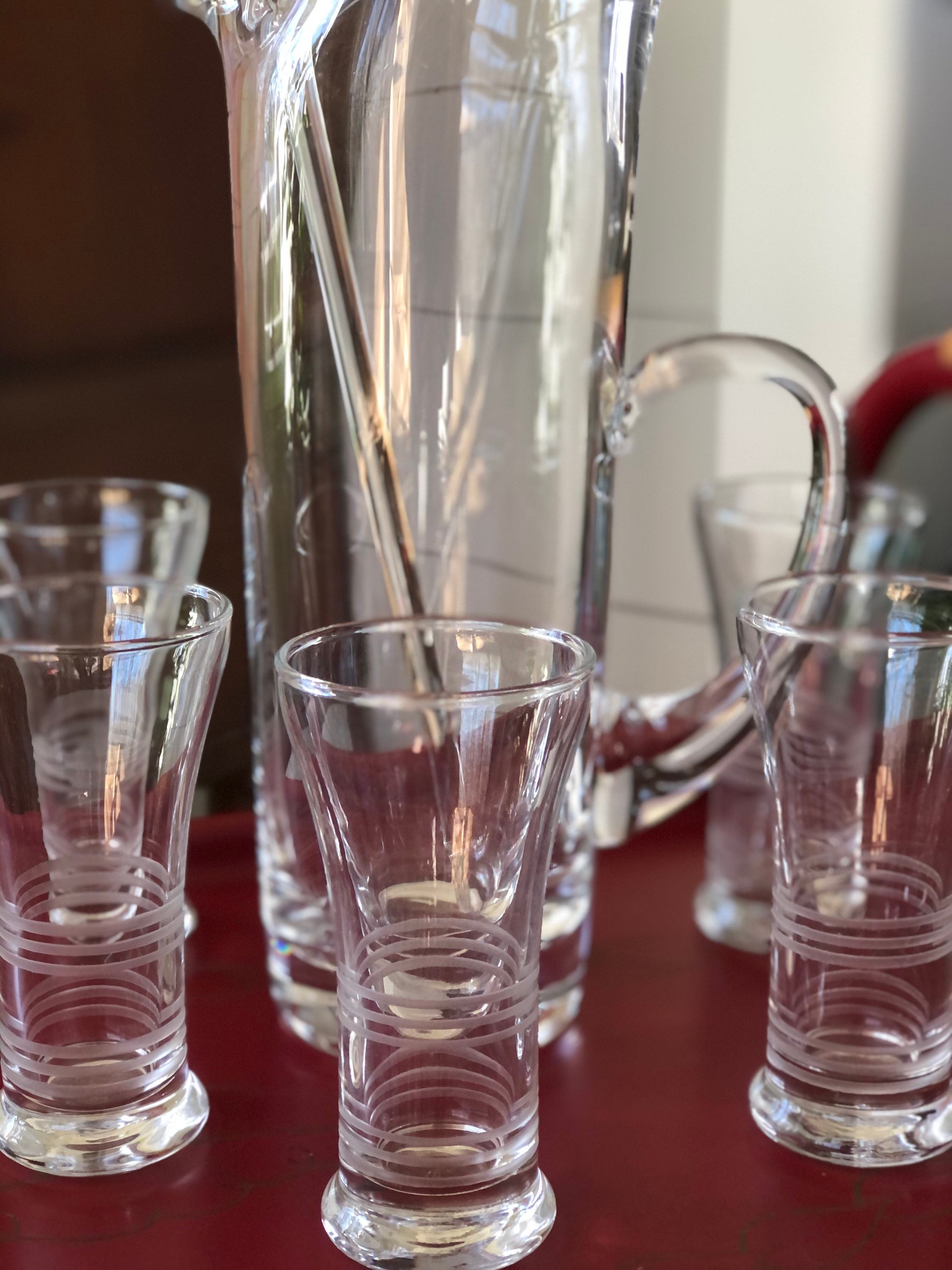 Vintage Glass Pitcher With Stirrer and 5 Etched Glass Glasses | Etsy