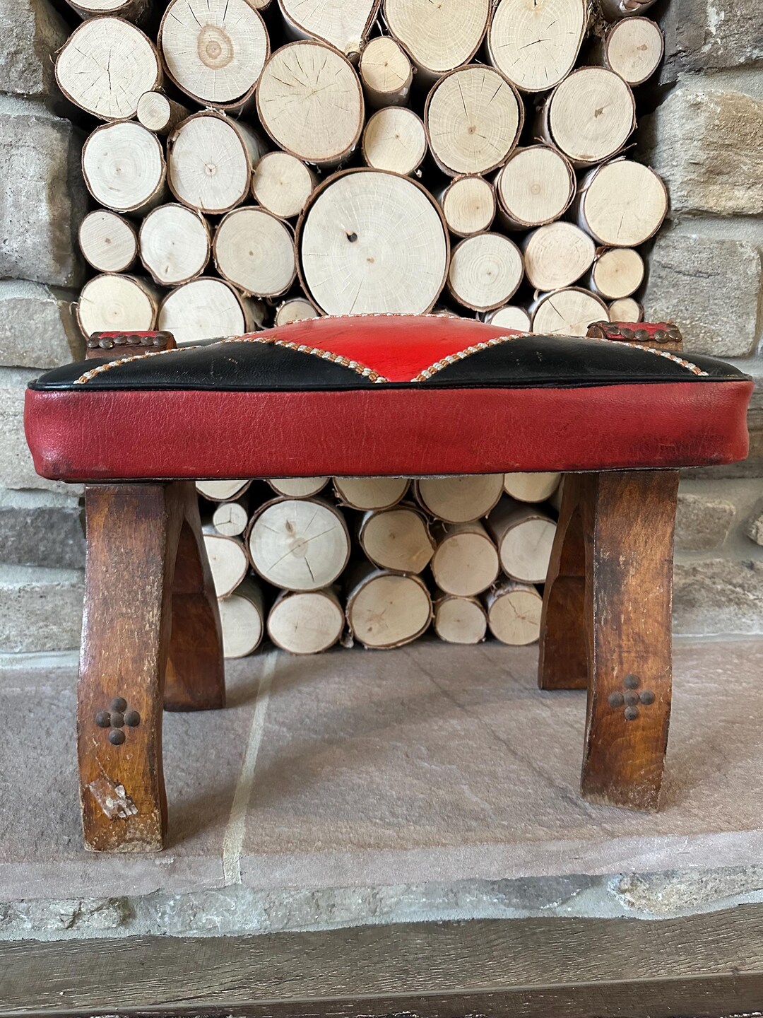 Vintage Leather Footstool Red Black Saddle Stool Ancient Eastern Design ...