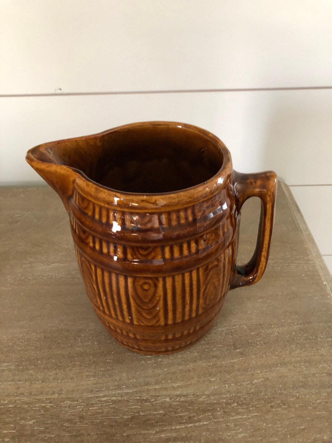 Antique, Mccoy Stoneware Pitcher, Unmarked, Dark Brown Barrel Design ...