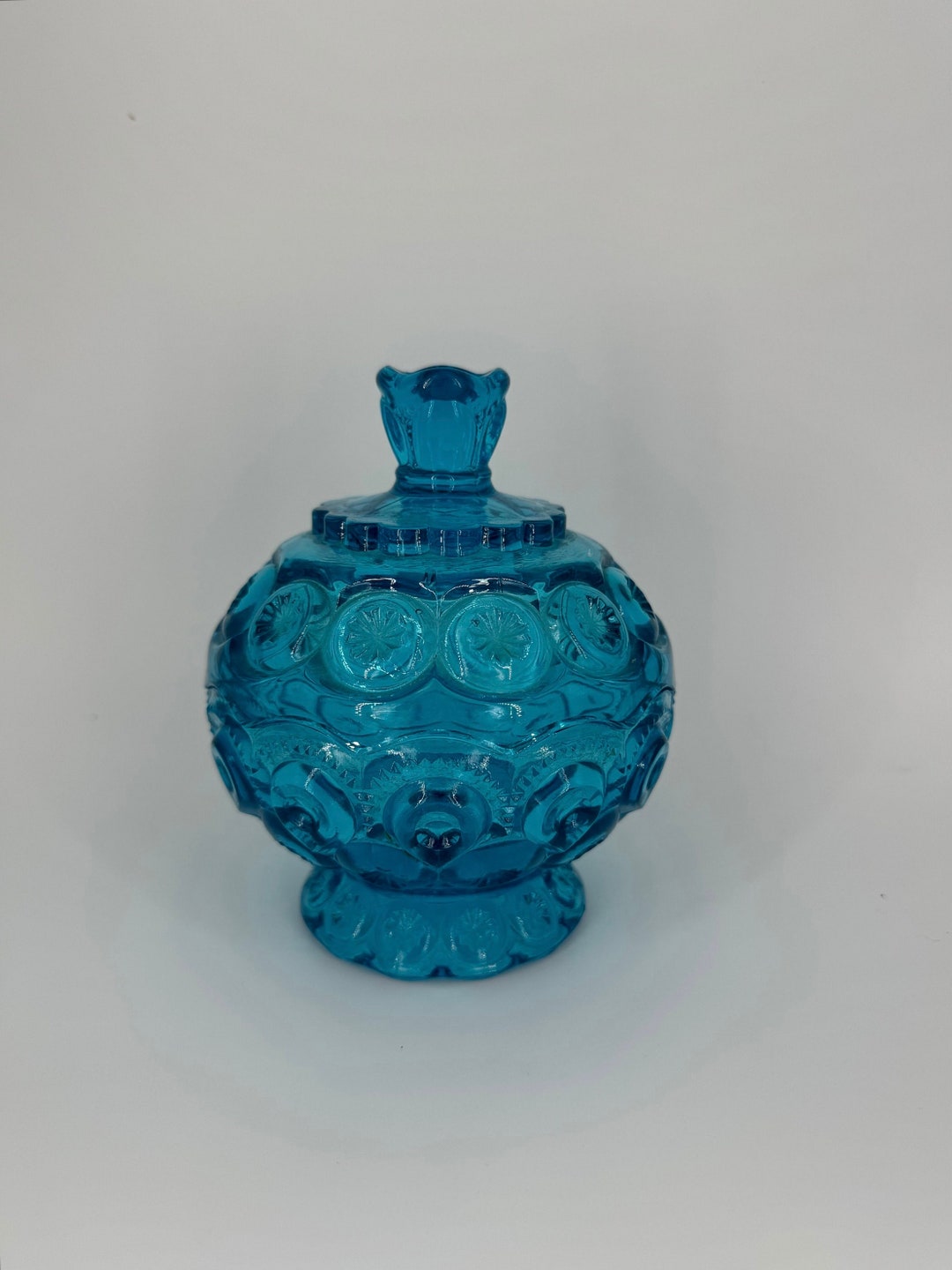 L.E. Smith Moon and Stars Pattern Covered Candy Compote | Blue Pressed ...