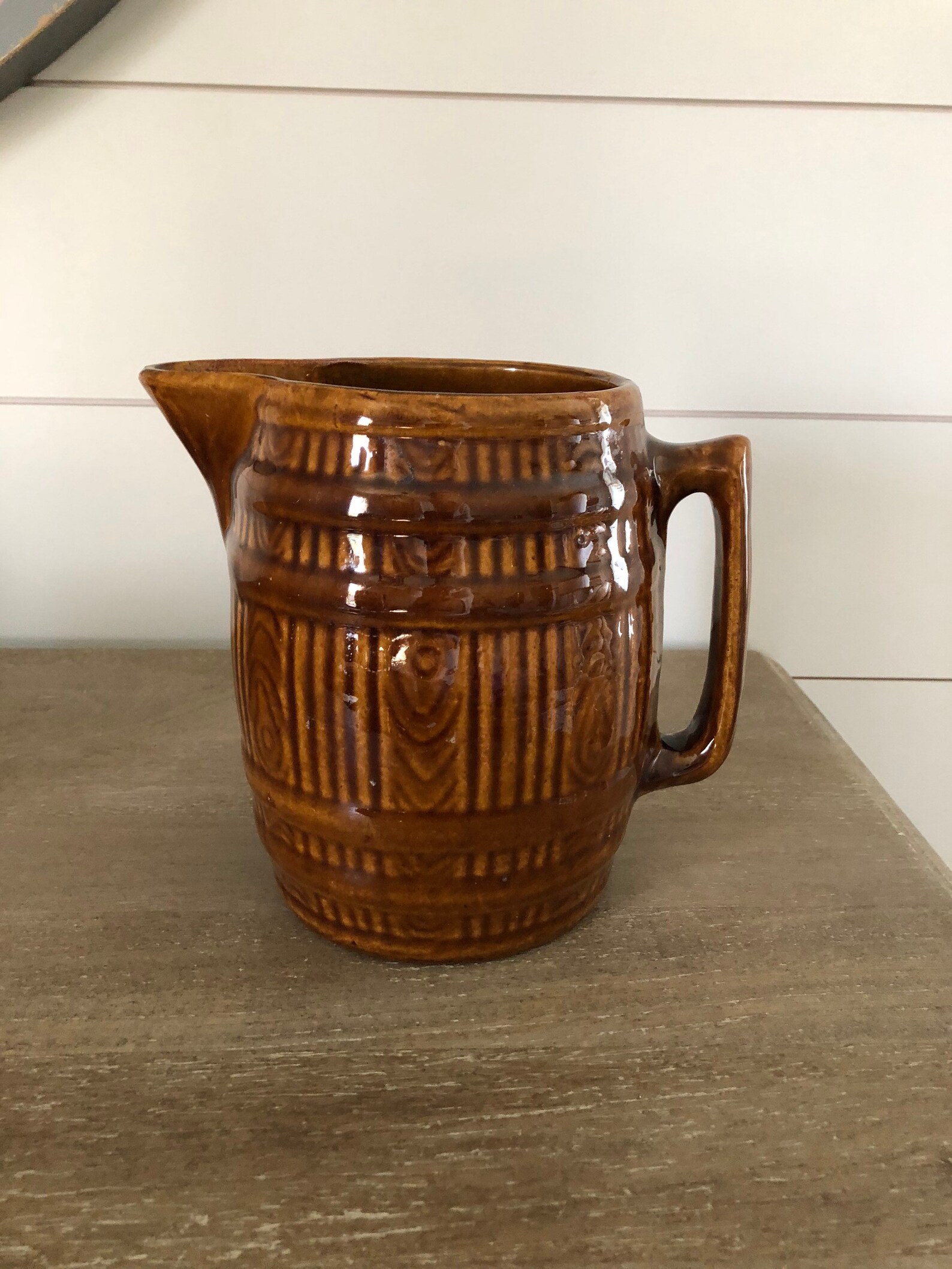 Antique, Mccoy Stoneware Pitcher, Unmarked, Dark Brown Barrel Design ...
