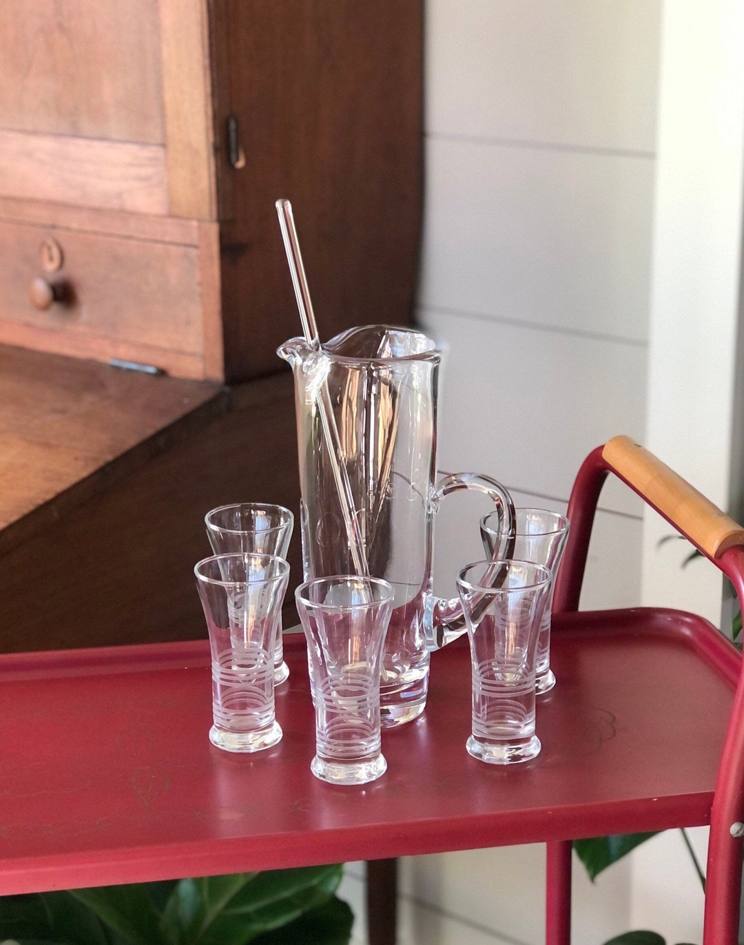 Vintage Glass Pitcher With Stirrer and 5 Etched Glass Glasses - Etsy
