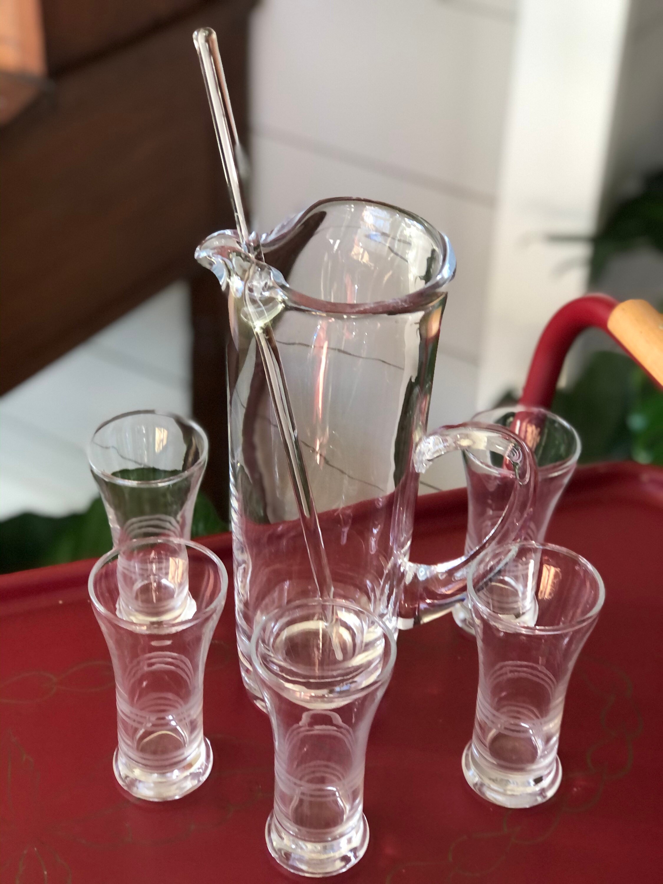 Vintage Glass Pitcher With Stirrer and 5 Etched Glass Glasses - Etsy