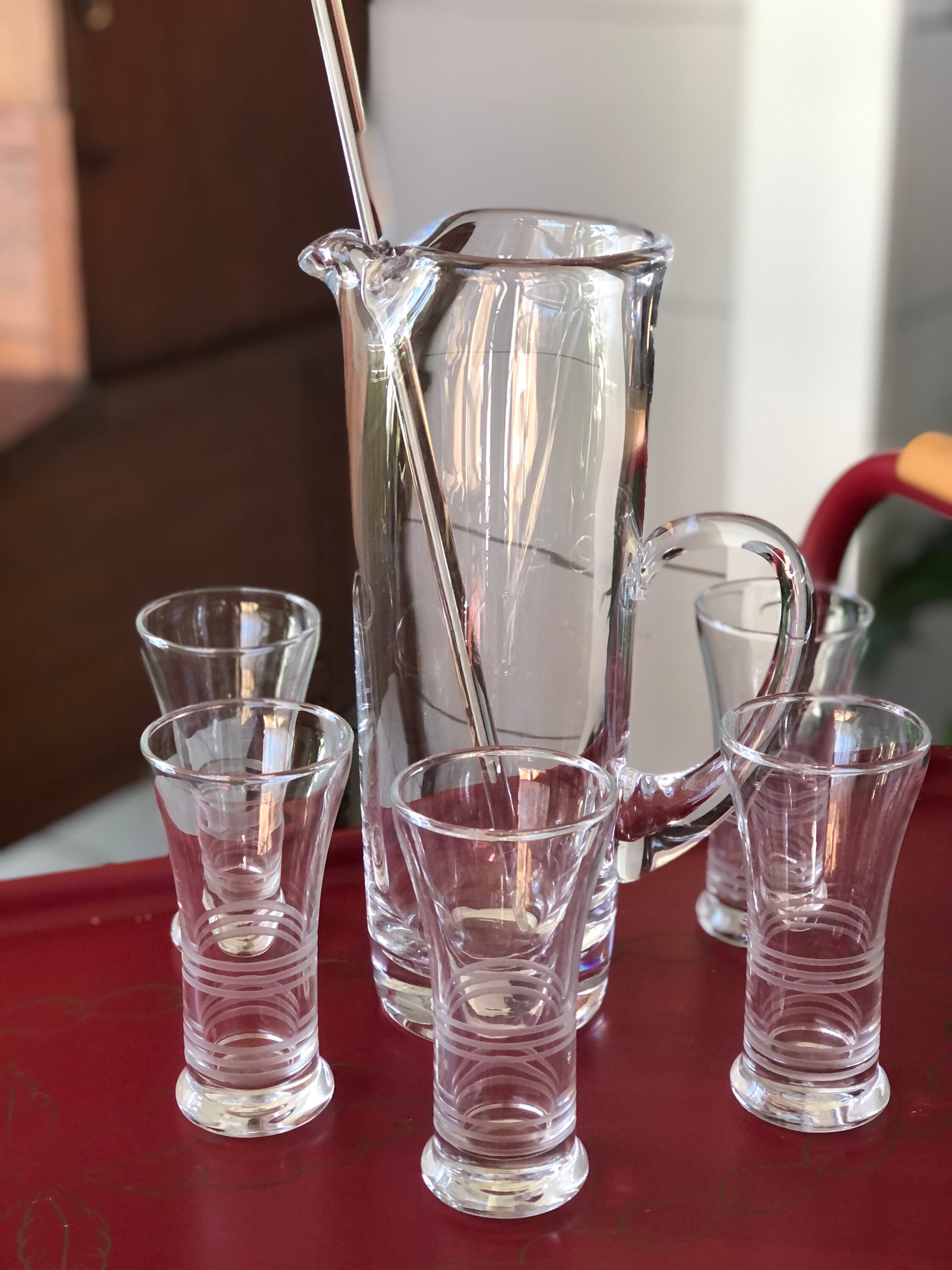 Vintage Glass Pitcher With Stirrer and 5 Etched Glass Glasses | Etsy