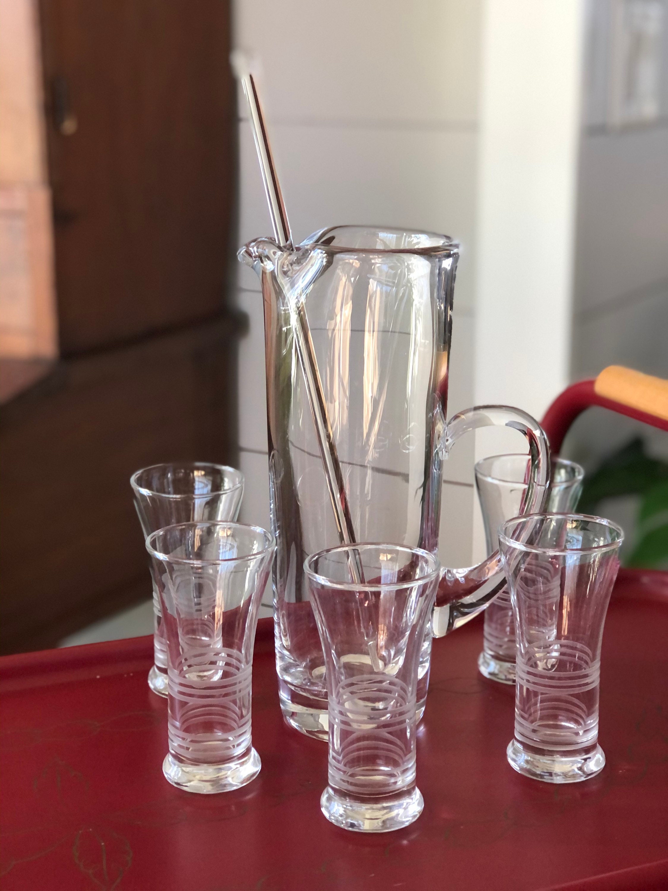 Vintage Glass Pitcher With Stirrer and 5 Etched Glass Glasses - Etsy