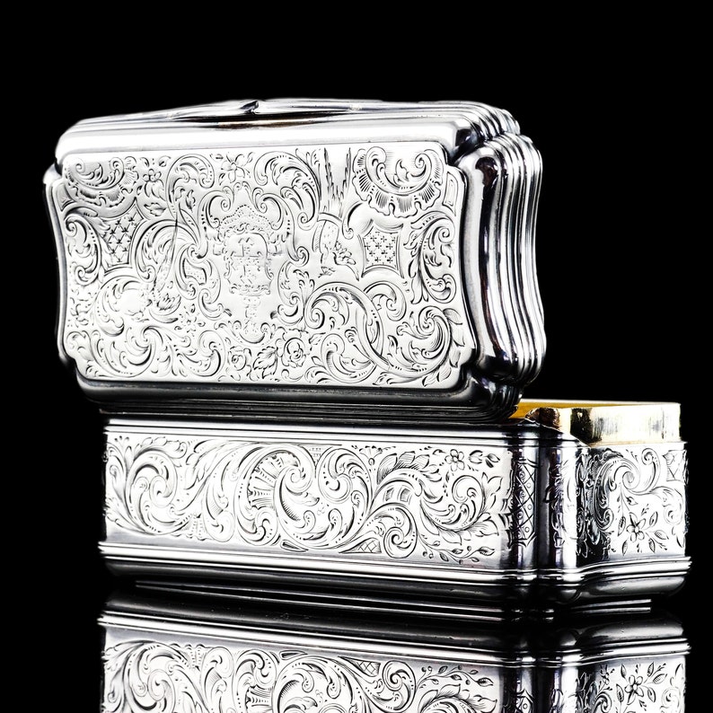 Antique Large Solid Silver Snuff Box Cartouche Shaped With Profuse Hand ...