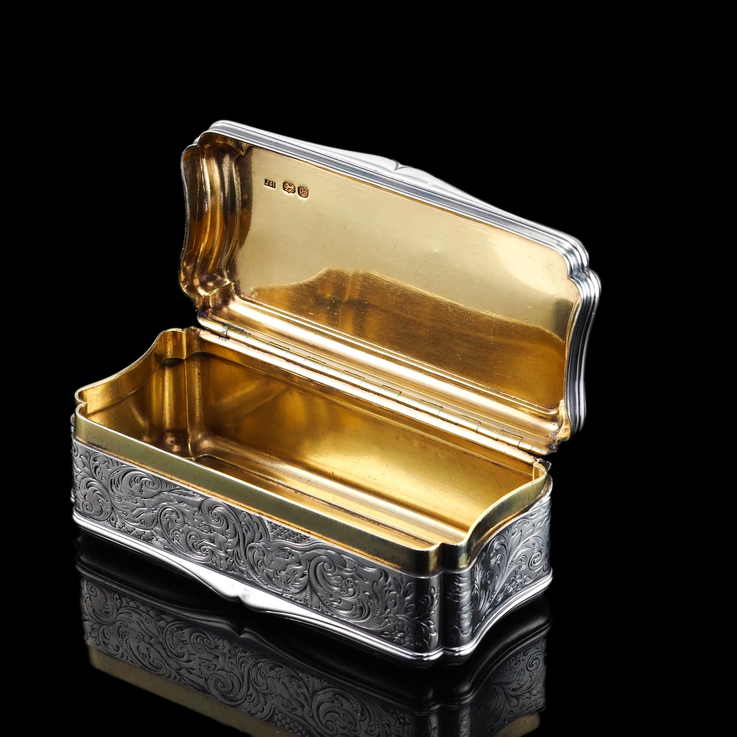 Antique Large Solid Silver Snuff Box Cartouche Shaped With Profuse Hand ...