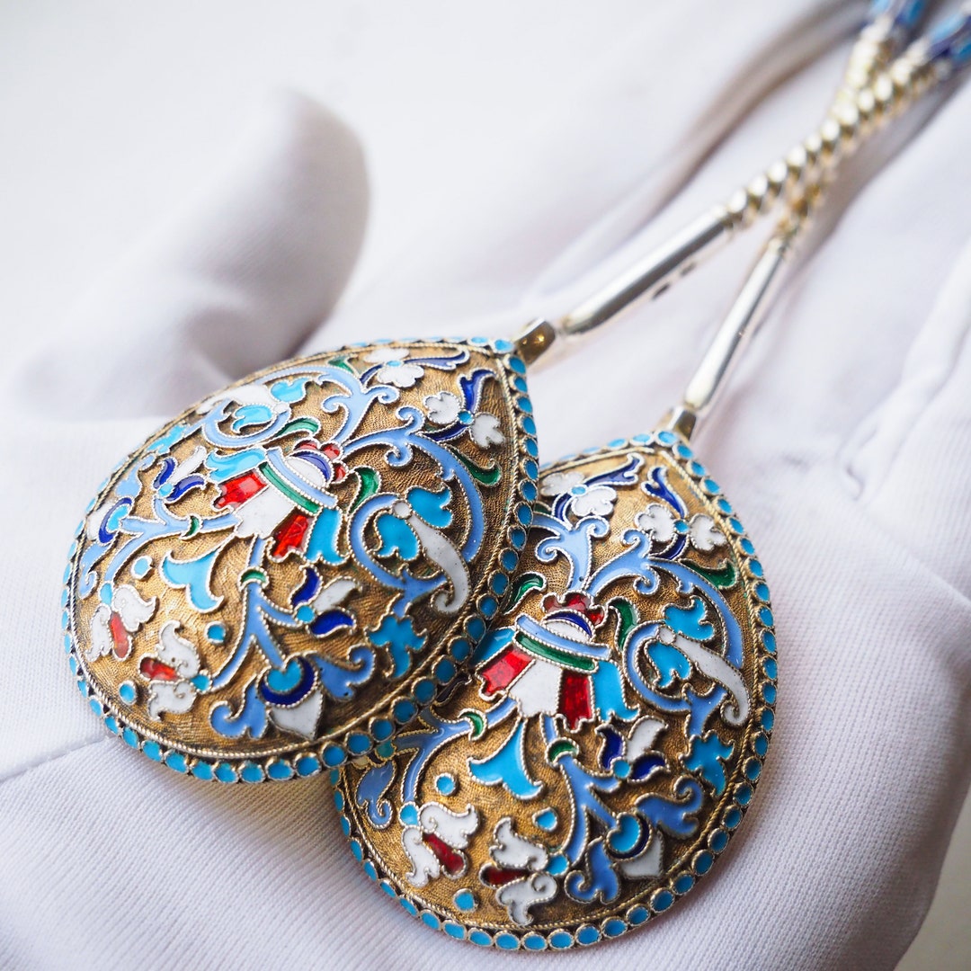 Antique Imperial Russian Solid Silver Pair of Spoons With Cloisonne ...