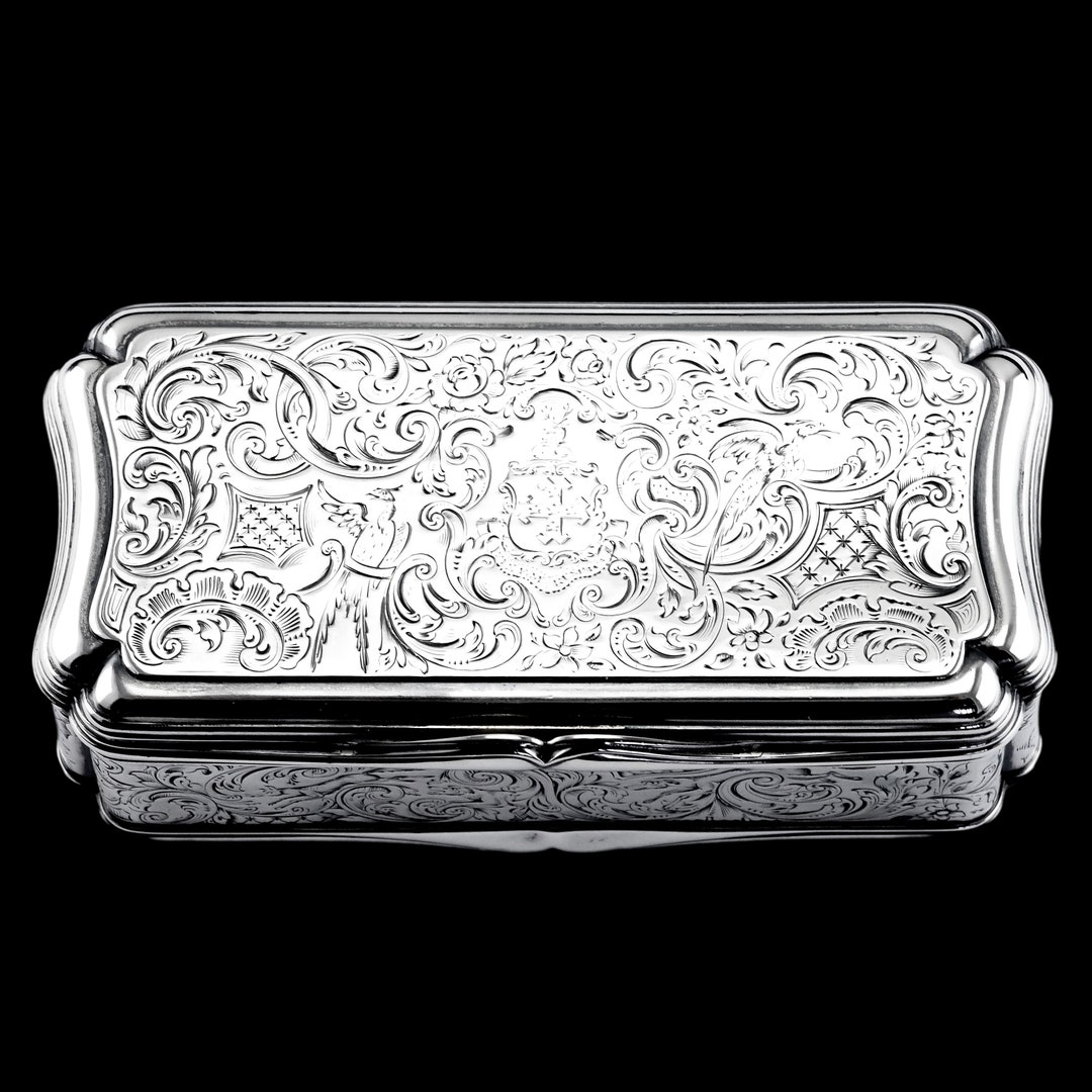 Antique Large Solid Silver Snuff Box Cartouche Shaped With Profuse Hand ...