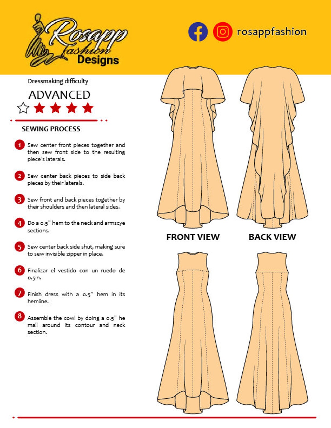 Long Cape Back Sewing Pattern for Women /floor Length / Neckline Round ...
