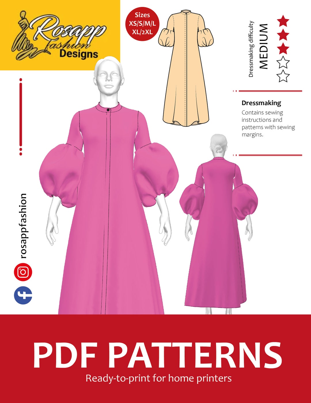 Optimize A-line PDF Pattern for Women Dress/mock Neck/maxi/ Puff Sleeve ...