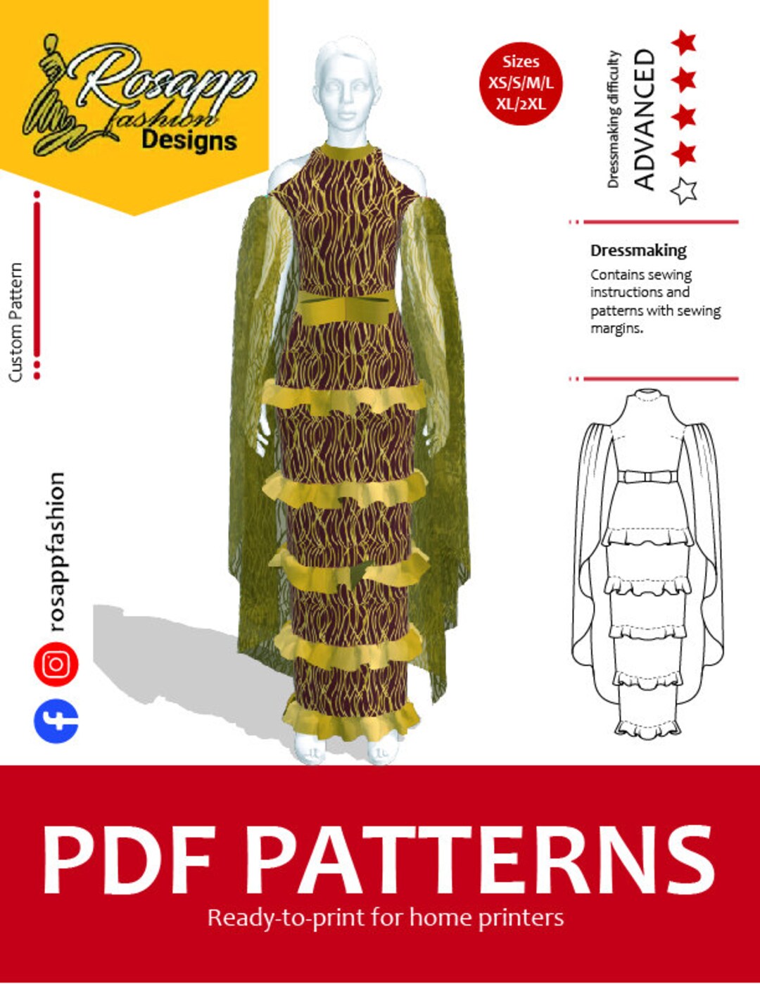 Helpful Sewing Pdf Pattern for Women Dress/ Mock Neck/floor Sleeve/size ...