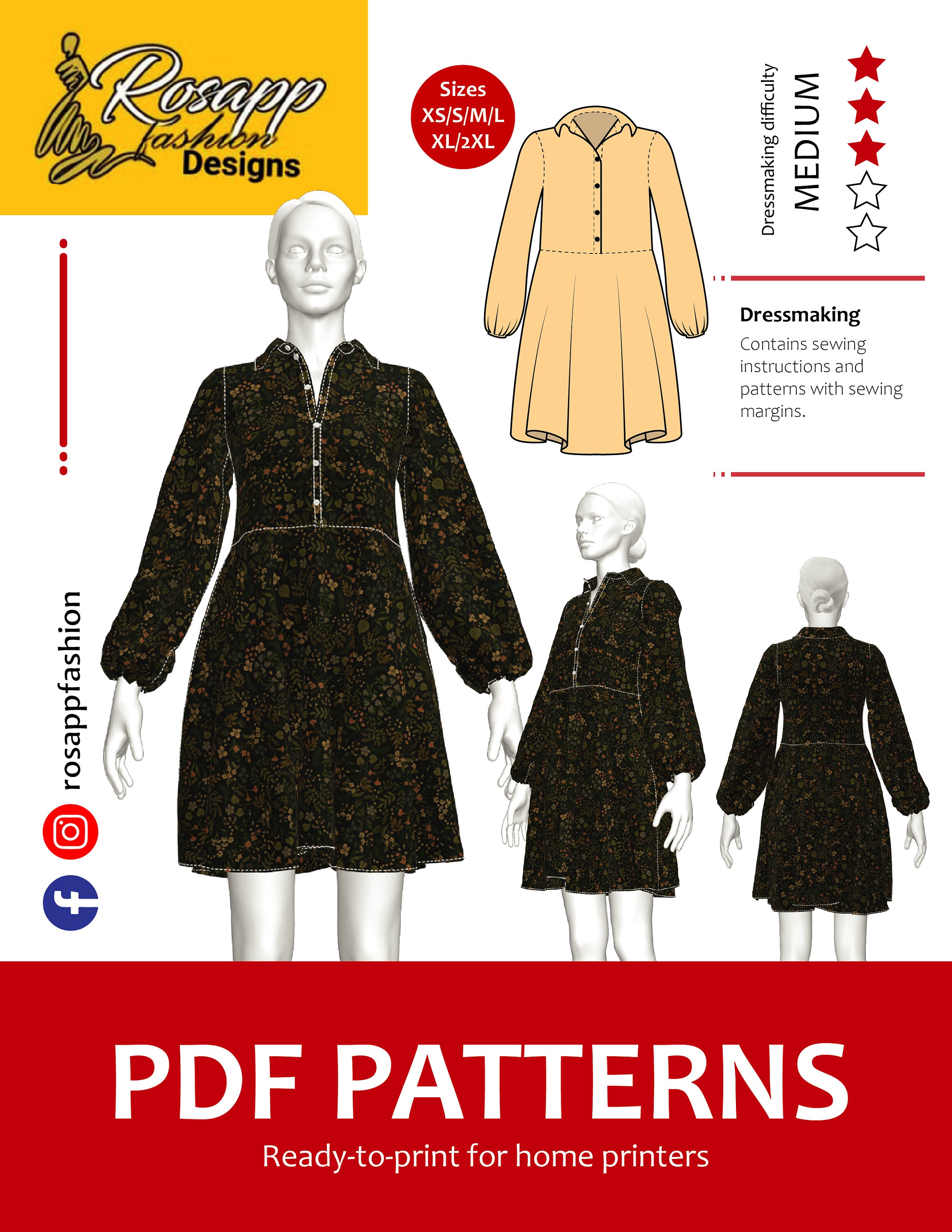 Roselyn Circle PDF Sewing Pattern for Women Dress /lantern Sleeve/shirt Collar/above Knee/s-2xl ...