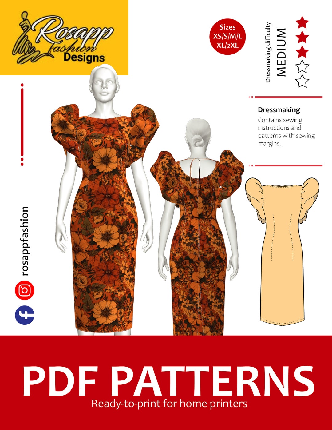 Tangible Pencil PDF Sewing Pattern for Women/elbow Puff Sleeve/back ...