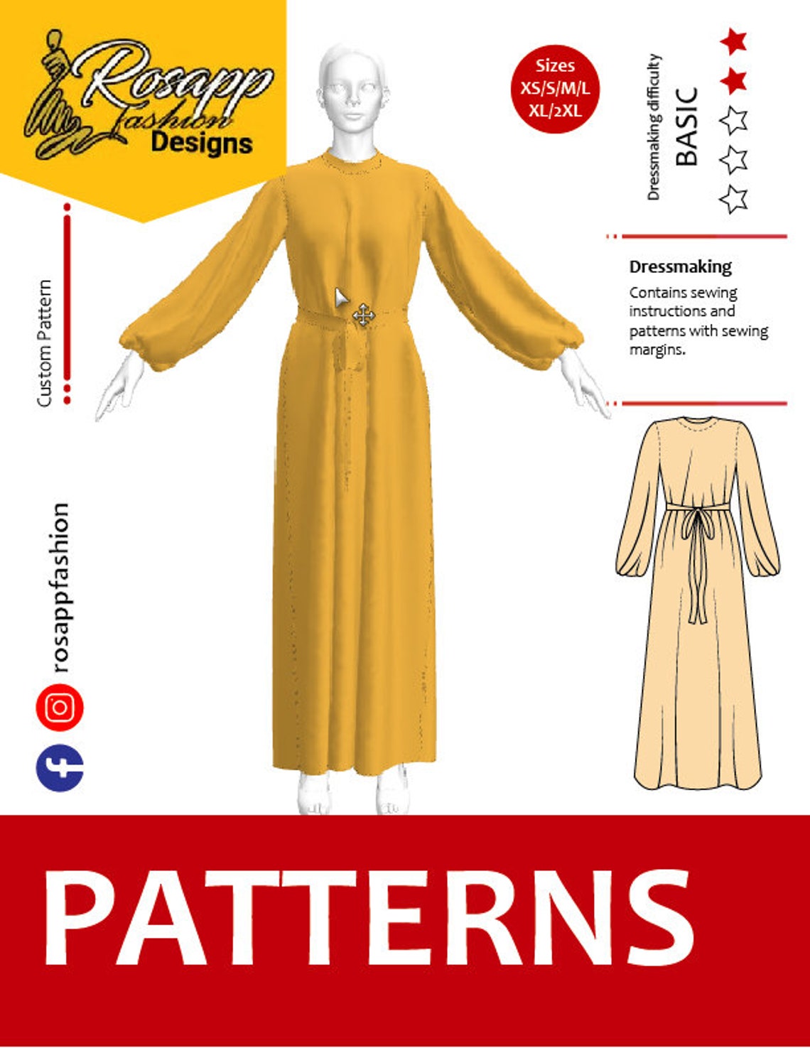 Smart Sewing Pattern for Women Dress/lengthen Sleeve/ Maxi/ Size S-2XL ...