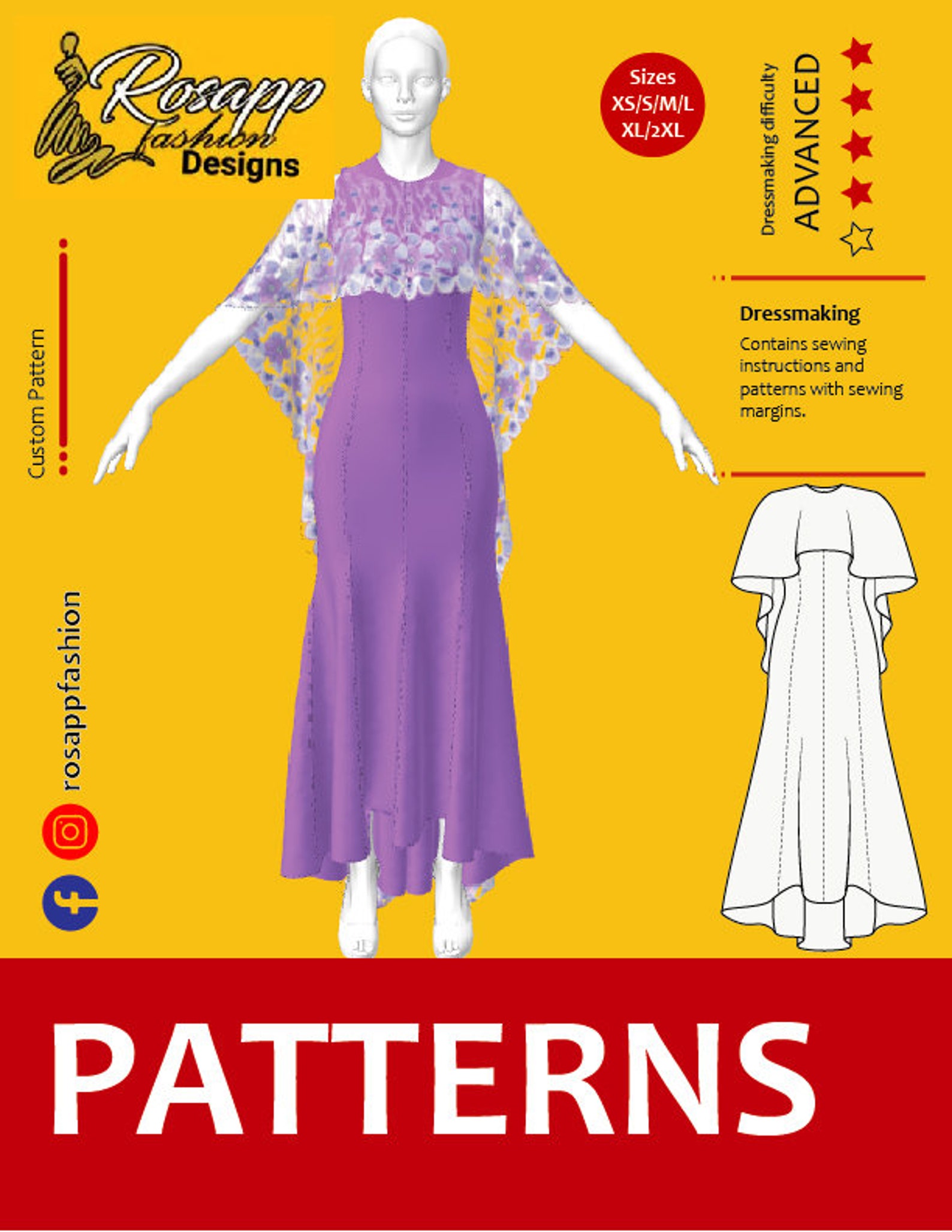 Long Cape Back Sewing Pattern for Women /floor Length / Neckline Round ...