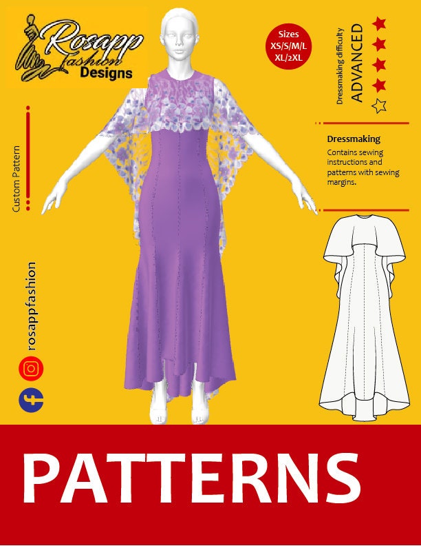 Long Cape Back Sewing Pattern for Women /floor Length / Neckline Round ...