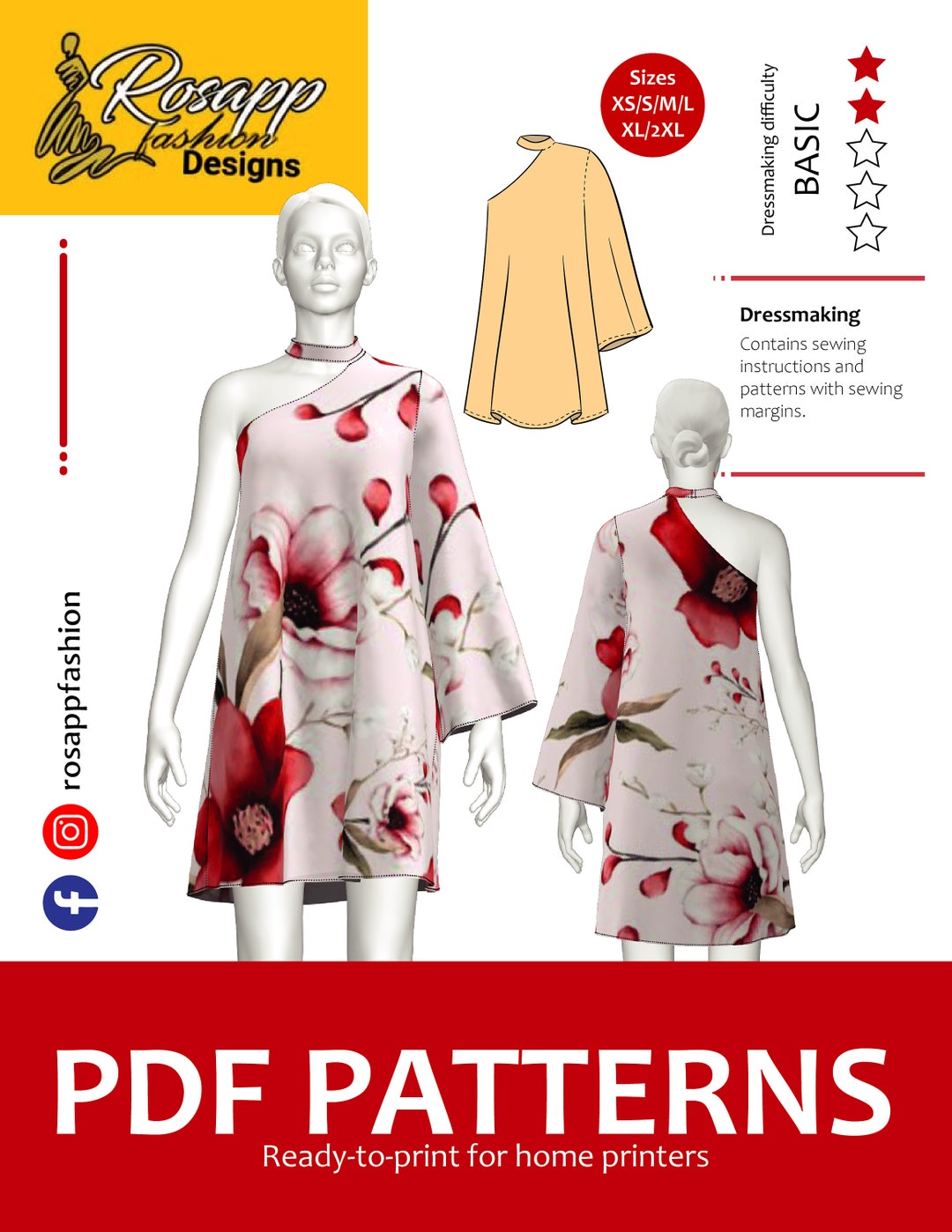 Bright Kaftan One Shoulder Pdf Sewing Pattern/above the Knee/ S-2xl ...