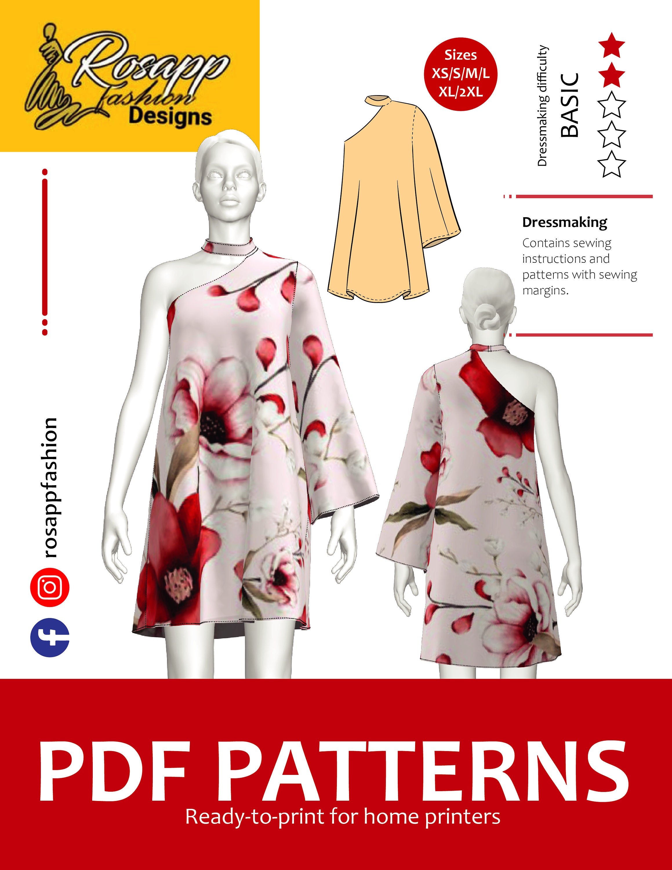 Bright Kaftan One Shoulder Pdf Sewing Pattern/above the Knee/ S-2xl ...
