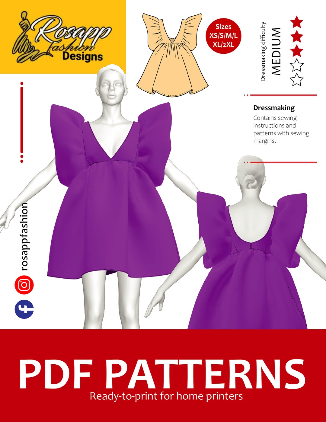 Goodness Gathering Sewing Pattern/flounce Sleeve/v-neckline/above Knee ...