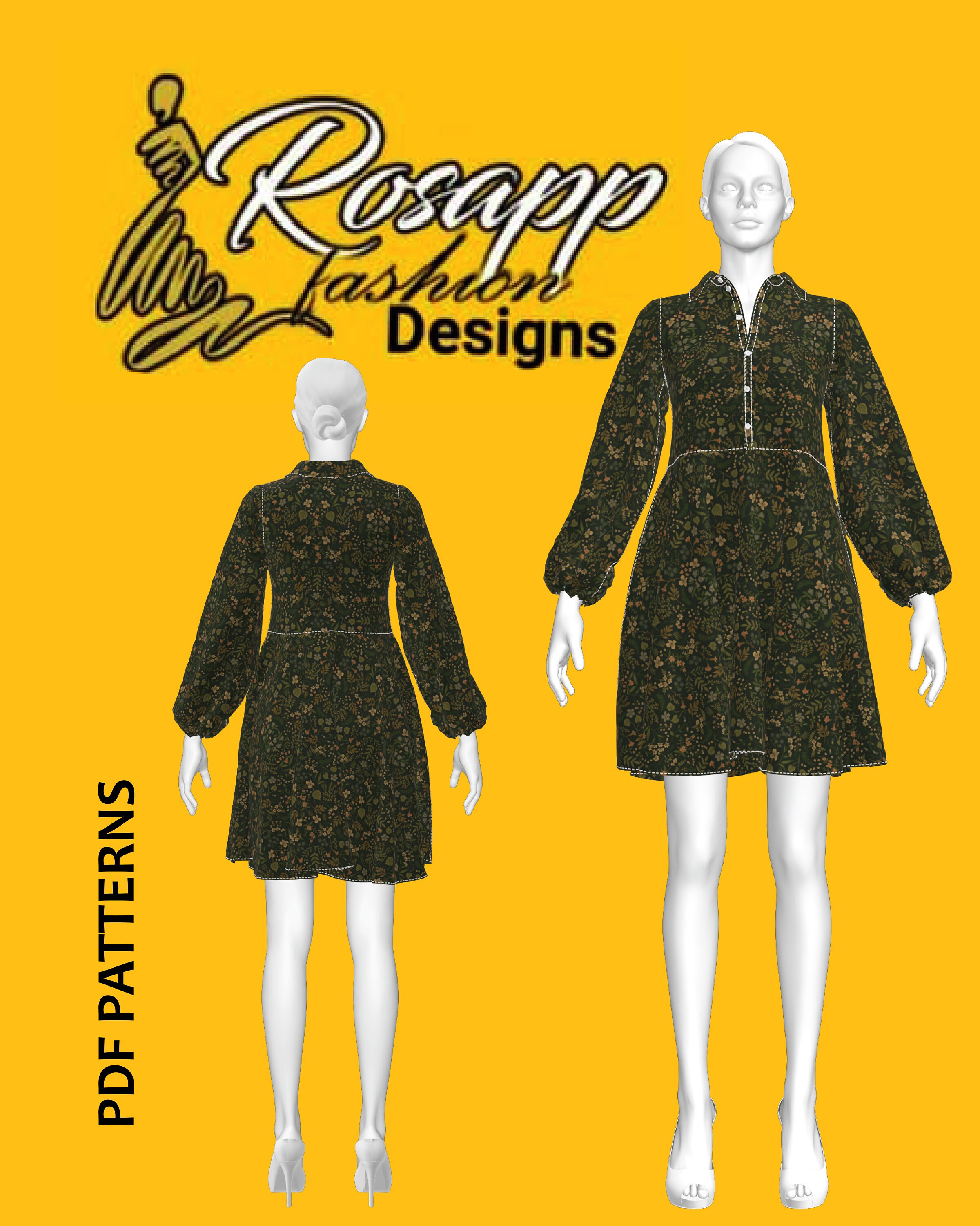 Roselyn Circle PDF Sewing Pattern for Women Dress /lantern Sleeve/shirt Collar/above Knee/s-2xl ...