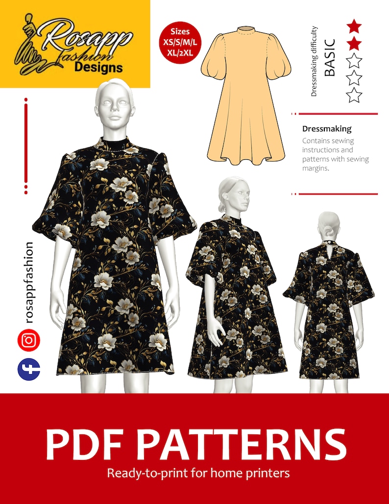 Claire A-line PDF Sewing Pattern for Women Dress/puff Sleeve/turtleneck ...