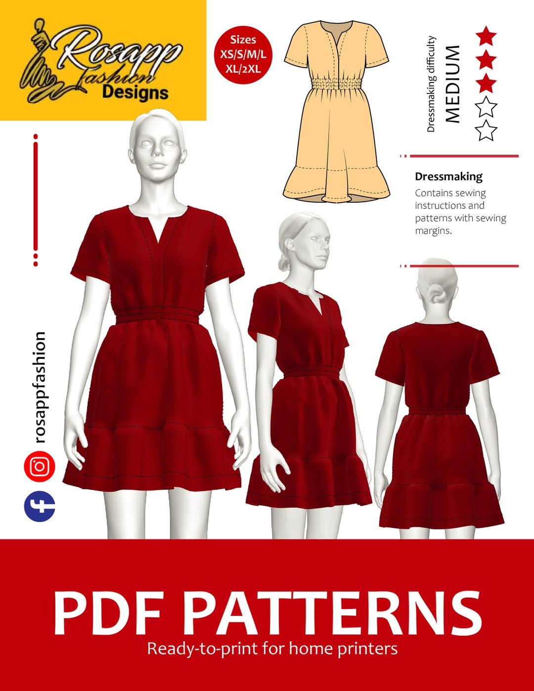 Camel Mini PDF Sewing Pattern for Ladies Dress/crew Split Neckline ...